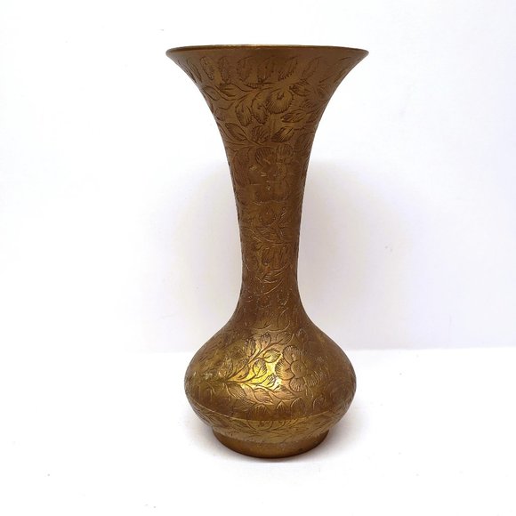Accents | Vintage Solid Brass Vase Etched Floral Flower Marked India 243 J 55 | Poshmark